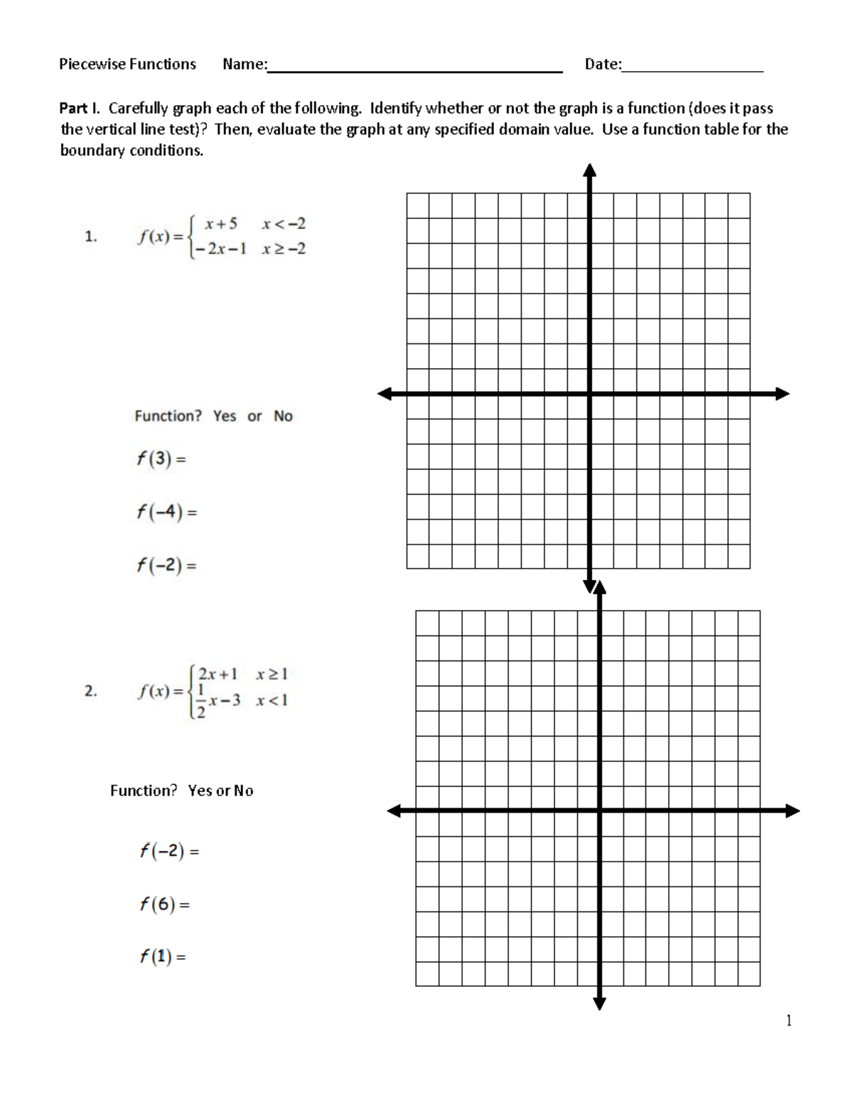 Piecewise functions packet 24 - Piecewise Functions Name: Date:_________________ Part I ...