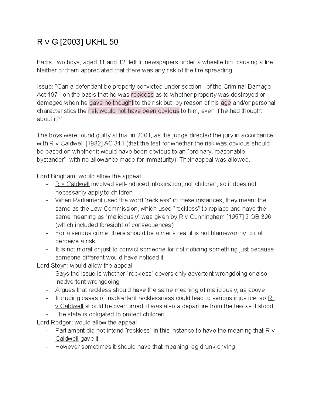 Notes on the case of R v G [2003 ] UKHL 50 (recklessness) - R v G [2003 ...