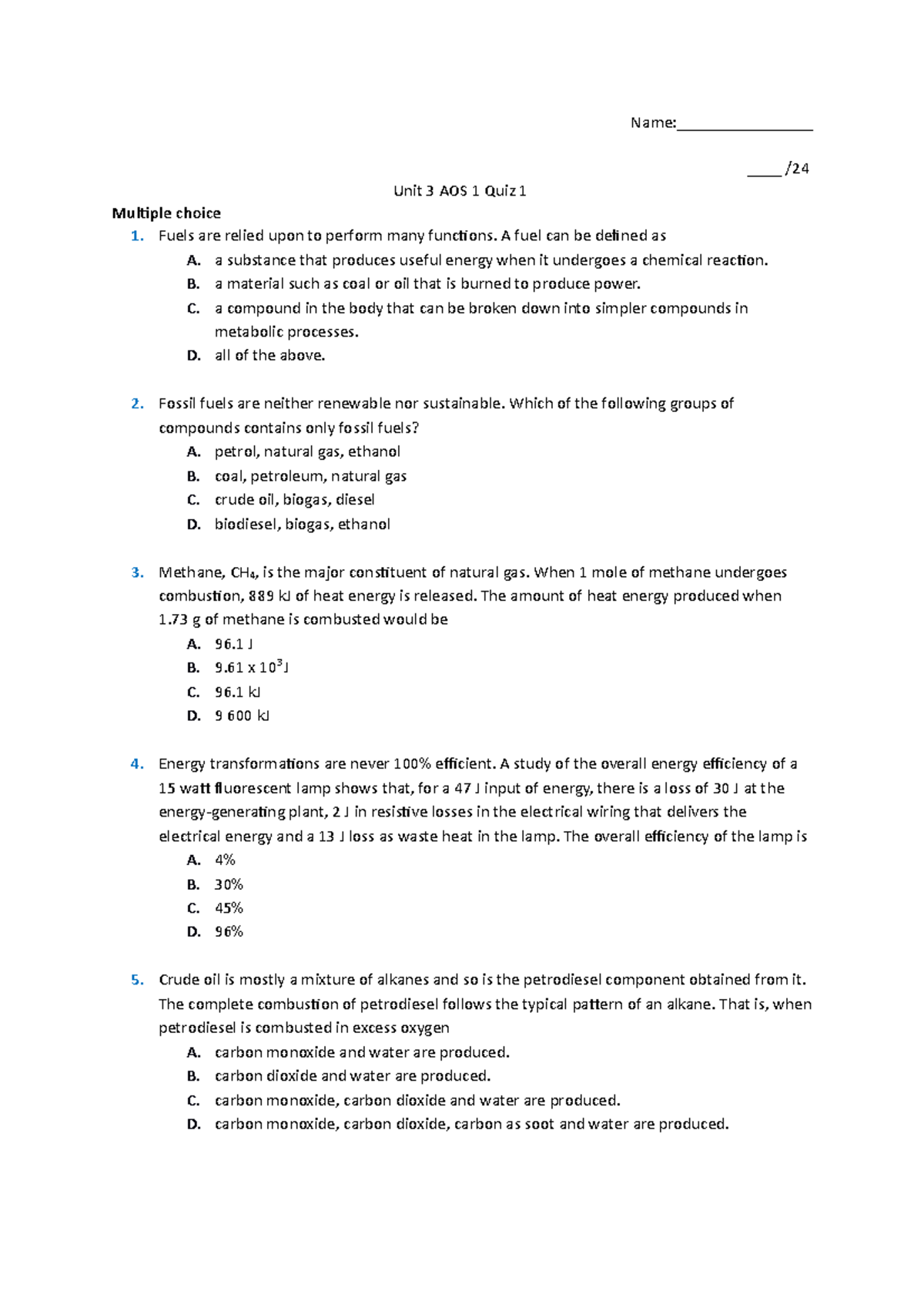 Unit 3 AOS 1 Quiz 1 chemistry - Name:________________ ____ / Unit 3 AOS ...