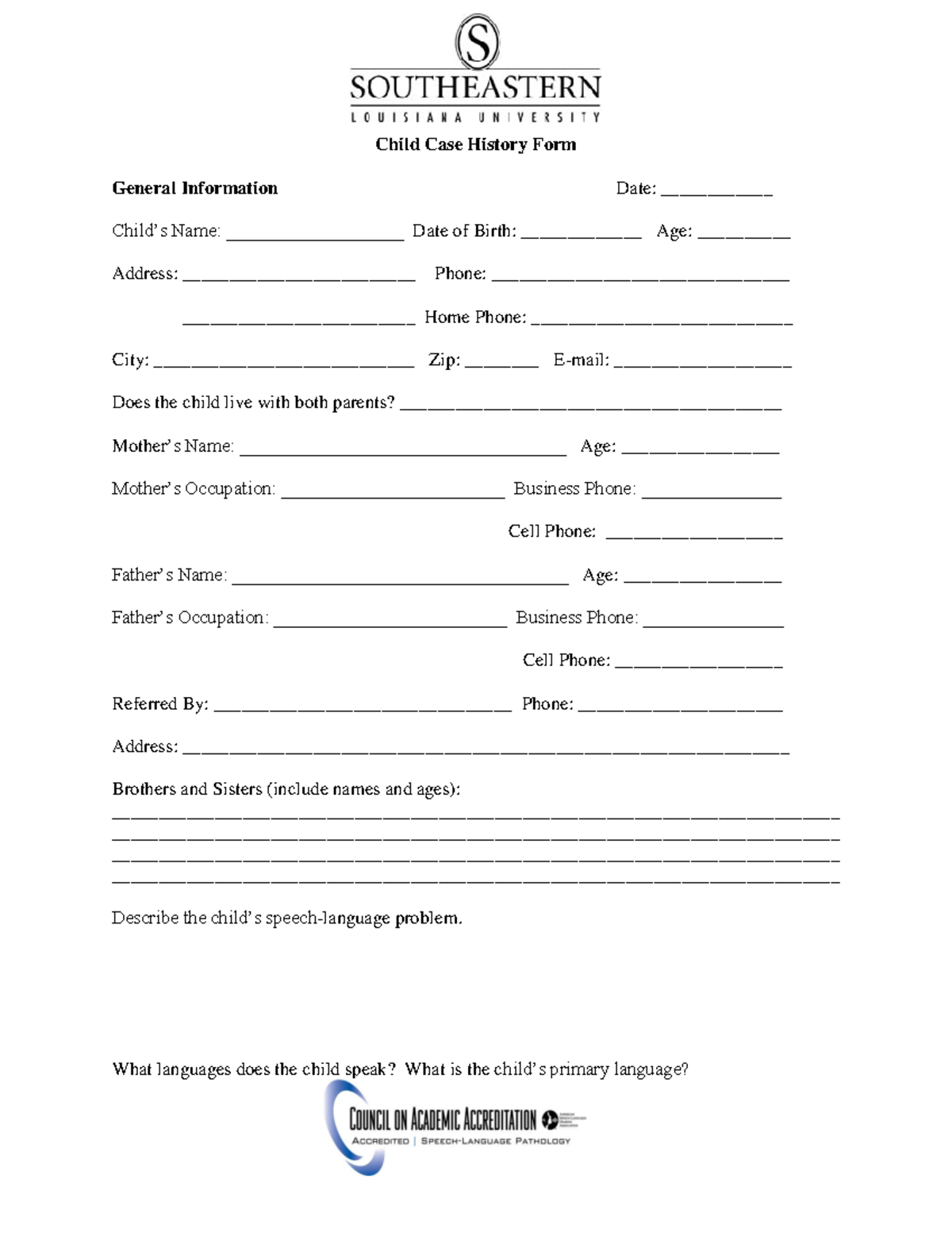 Child case history f - Child Case History Form General Information Date ...