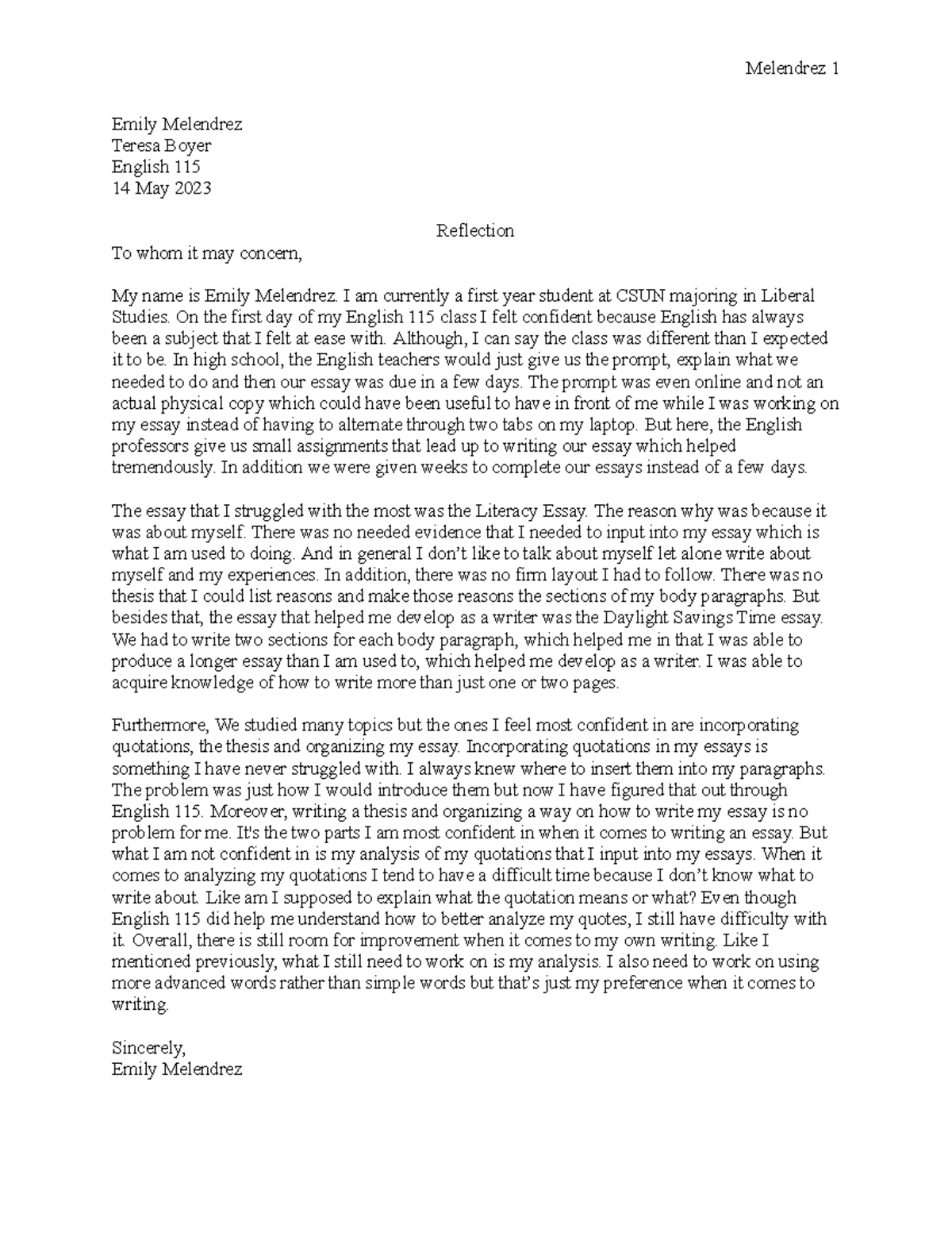 Portfolio Letter Example - Melendrez 1 Emily Melendrez Teresa Boyer ...