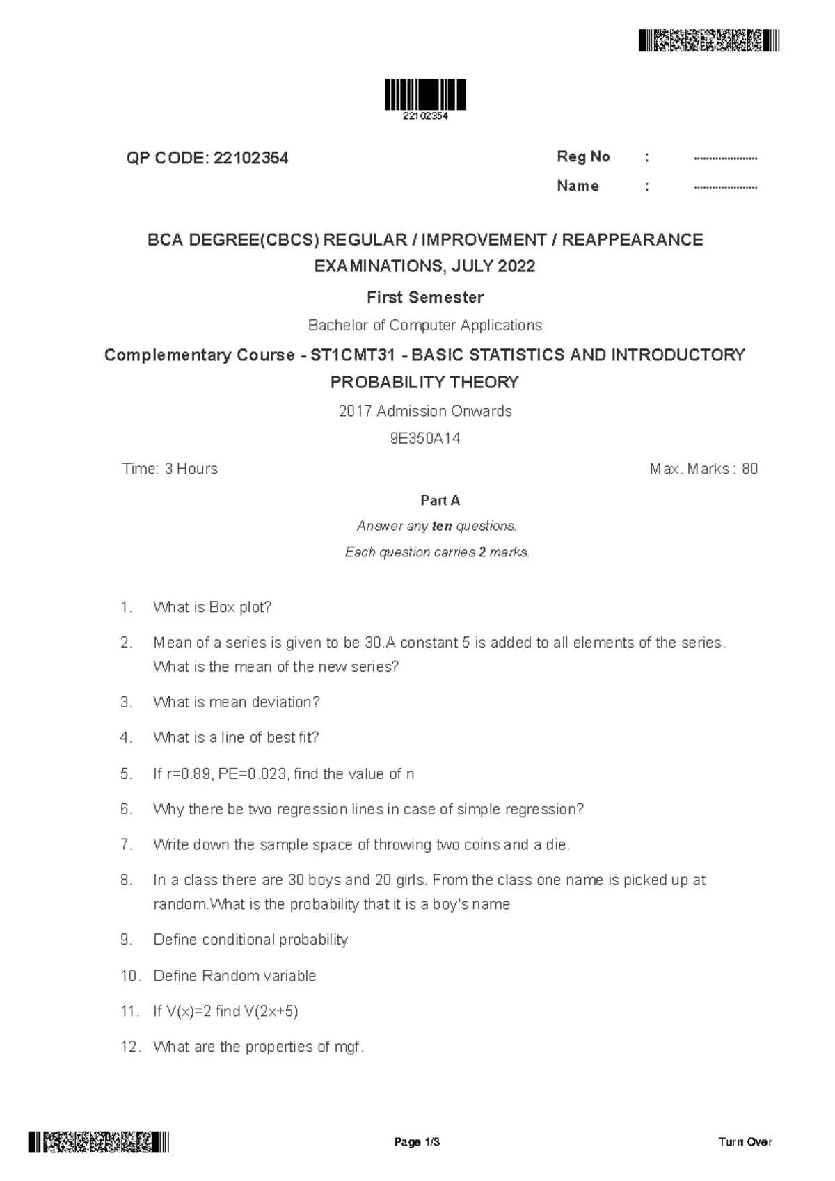 Basic statistics and introductory probability theory - QP CODE ...