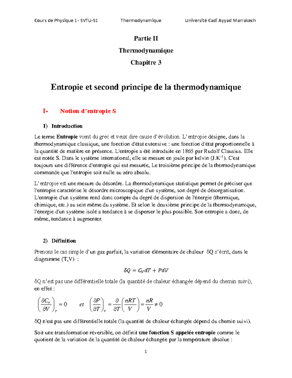 Thermo-Chapitre 3 - Thermo-Chapitre 3 - Partie II Thermodynamique Chapitre 3 Entropie et second ...