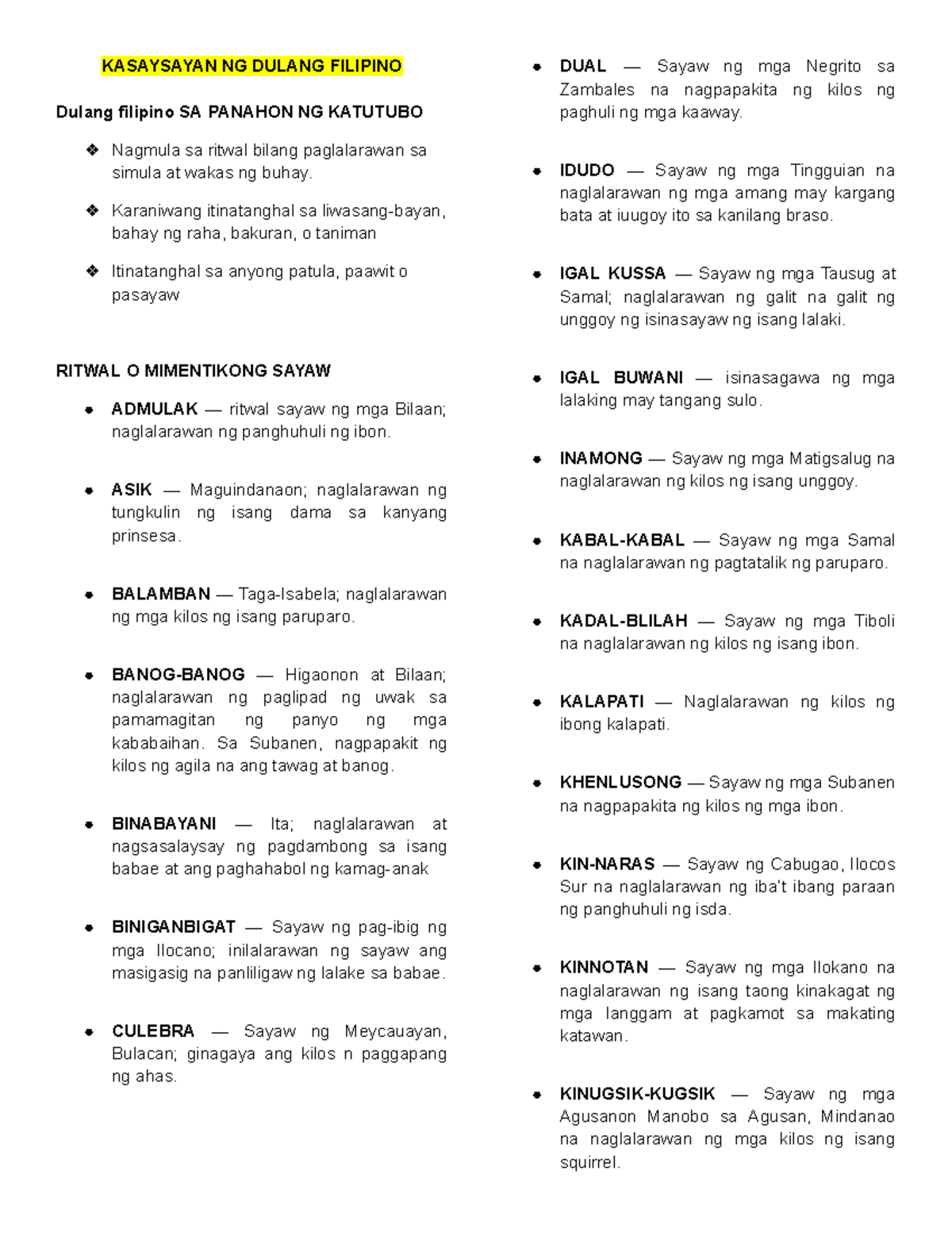 Dulaang Filipino - notes - KASAYSAYAN NG DULANG FILIPINO Dulang ...