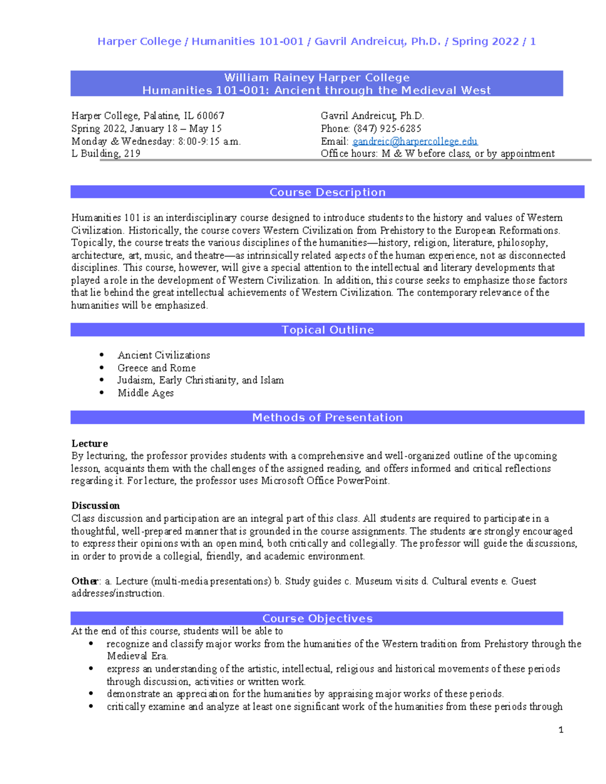 Syllabus HUM 101, Spring 2022 1 - William Rainey Harper College Humanities 101-001: Ancient ...