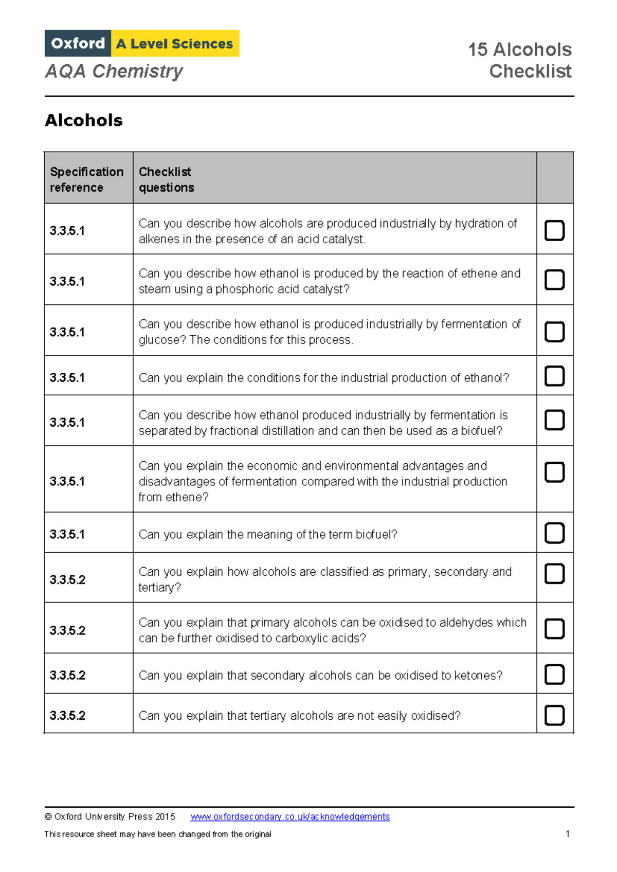 Alcohols checklist - 15 Alcohols AQA Chemistry Checklist Alcohols ...