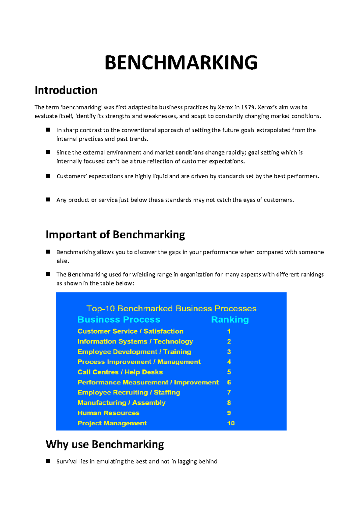 Benchmarking - BENCHMARKING Introduction The term 'benchmarking' was ...