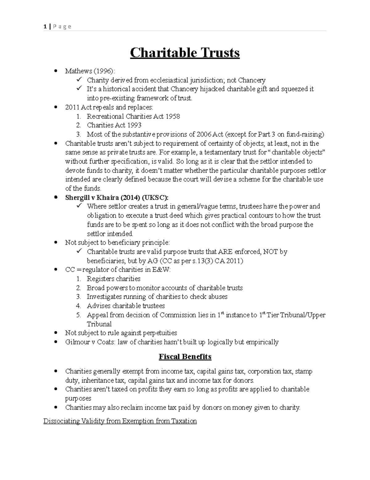 Charitable Trusts notes - Charitable Trusts Mathews (1996): Charity ...
