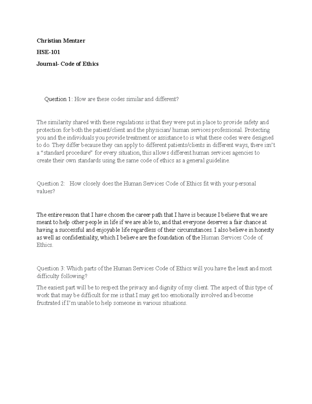 Mod 6 Journal code of ethics - Christian Mentzer HSE- Journal- Code of ...