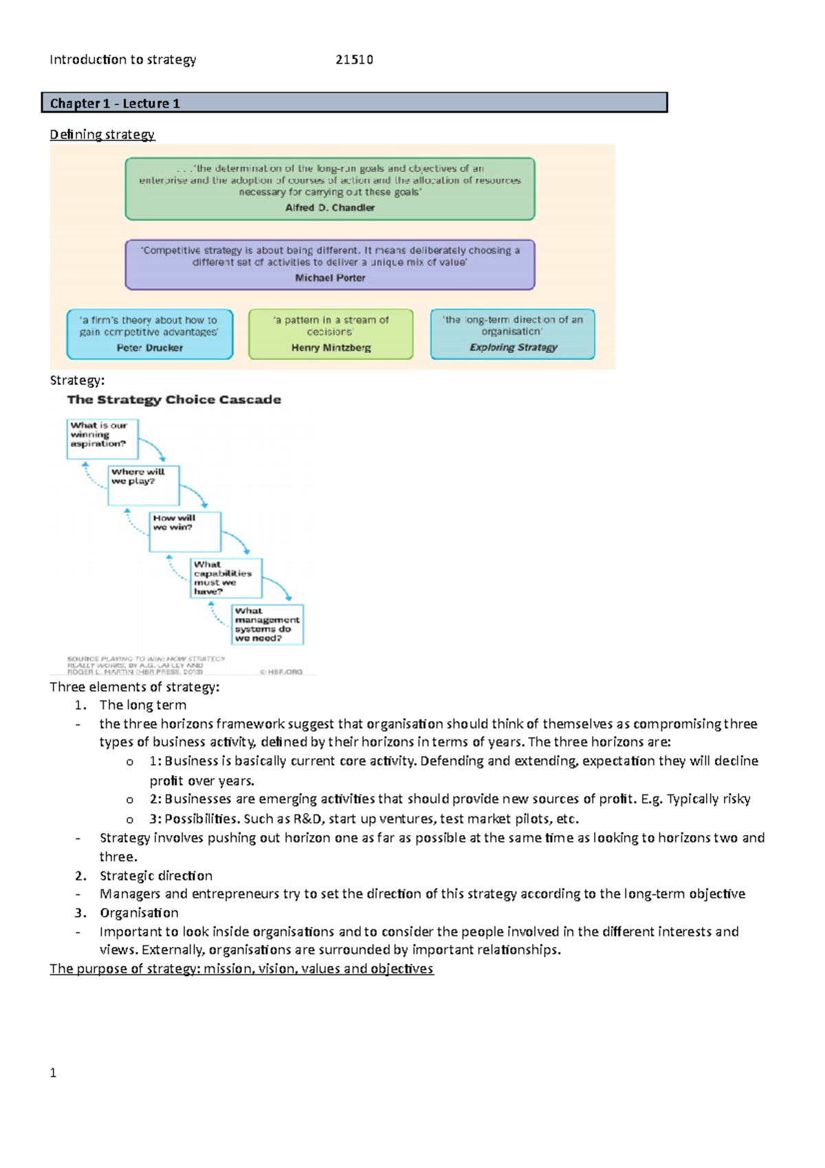 21510 Introduction to Strategy Notes EXAM - Defining strategy Strategy ...