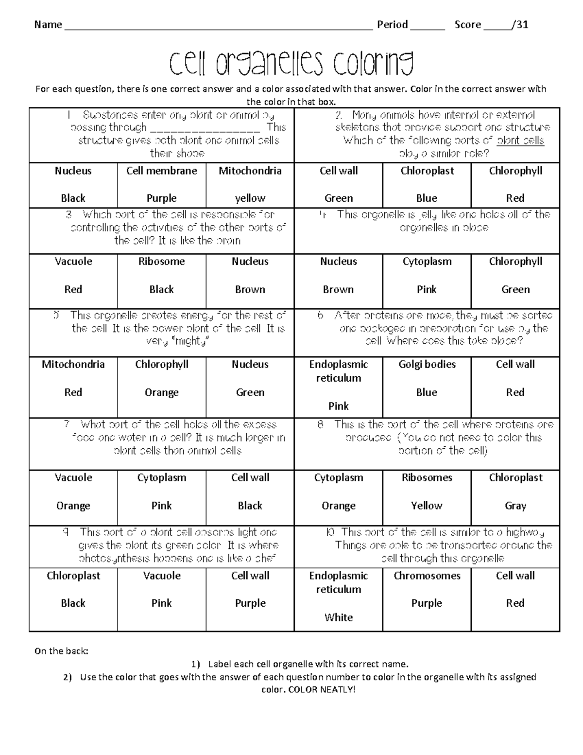 Cell Organelle Coloring Sheet w Updated Drawings - Name - Studocu