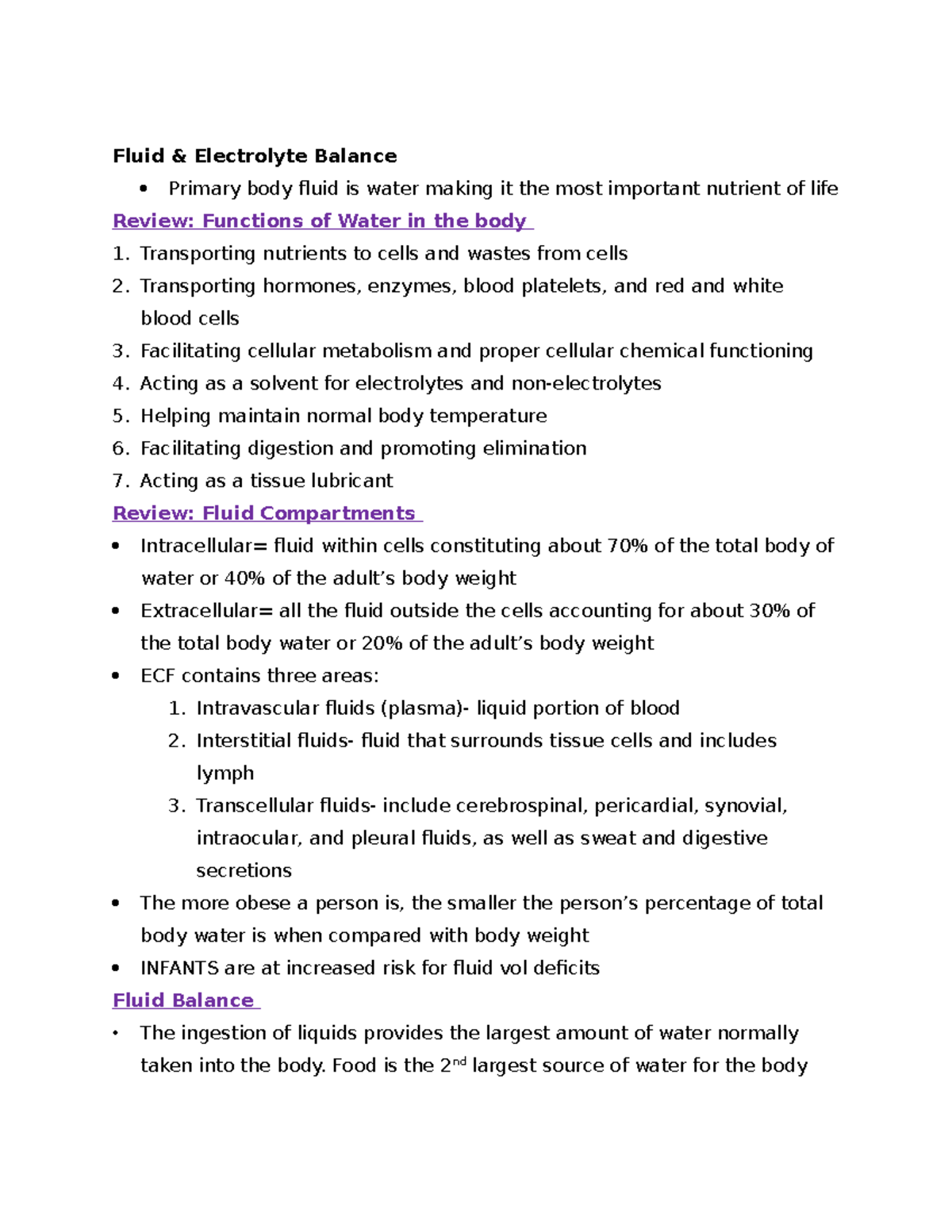 Fluid and Electrolyte Chapter - Fluid Electrolyte Balance Primary body ...