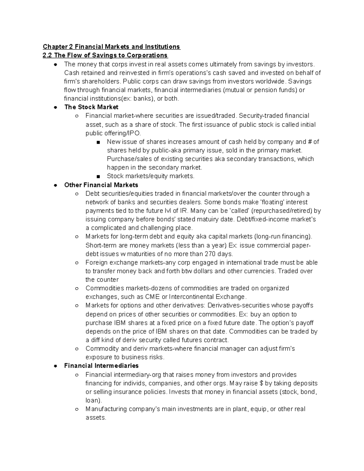 314 Ch 2 - Lecture notes 2 - Chapter 2 Financial Markets and ...