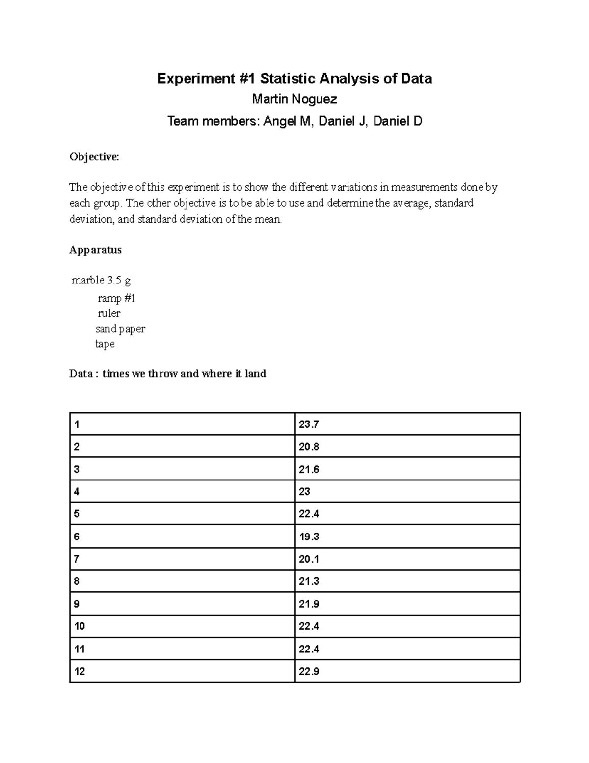 Physics labreport 1 - Lab - Experiment #1 Statistic Analysis of Data ...