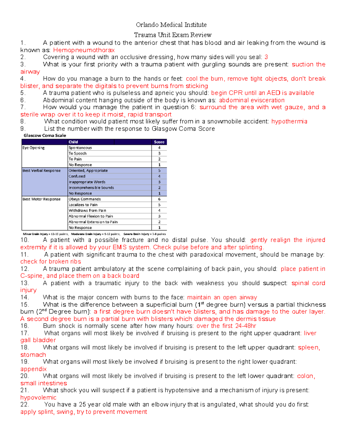 Trauma review - Trauma Unit Exam Review A patient with a wound to the ...