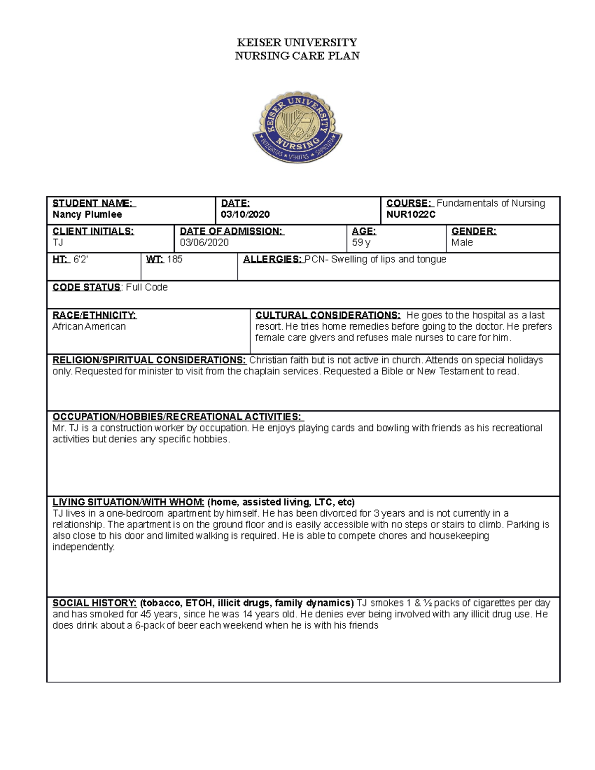 Example care plan - care plan - NURSING CARE PLAN STUDENT NAME: Nancy ...