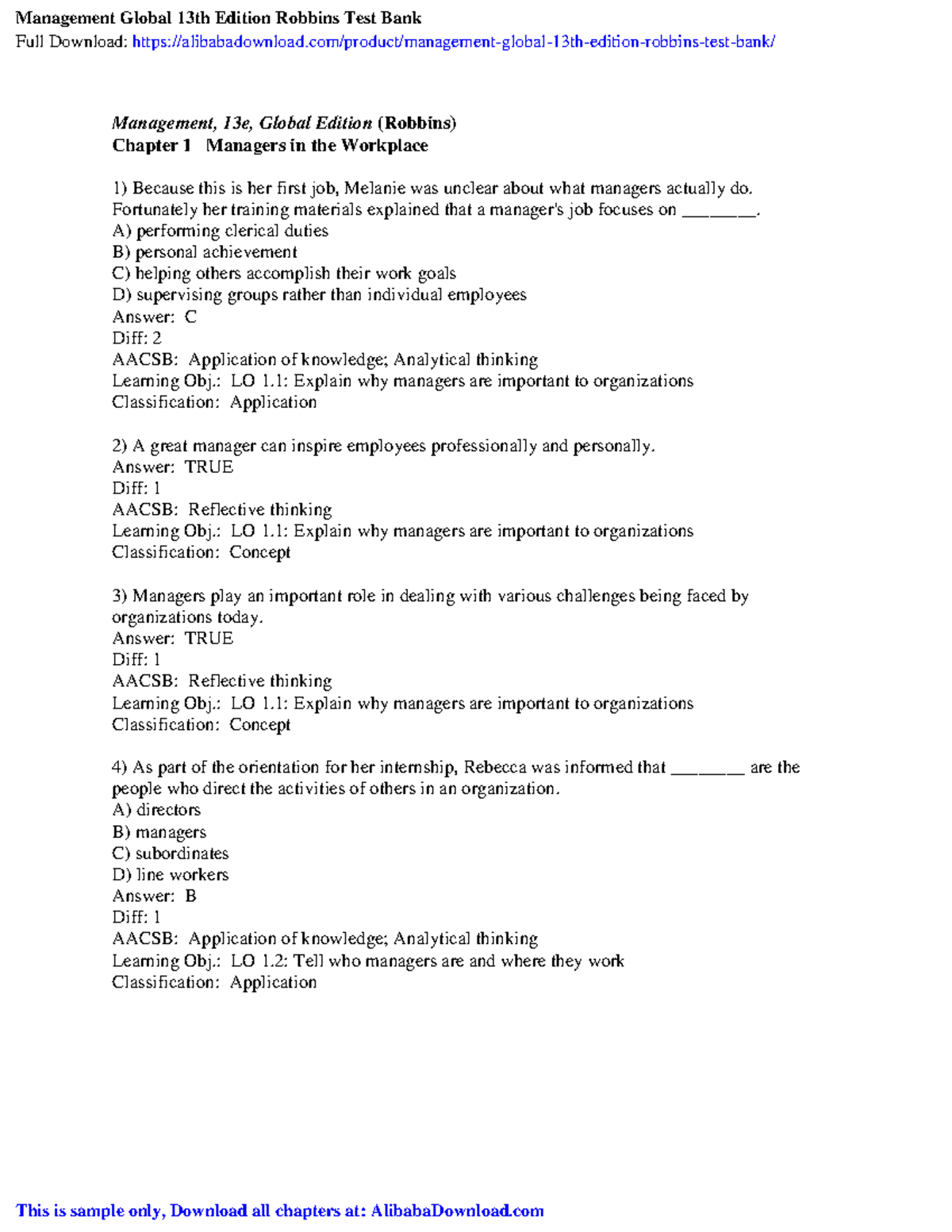 Management global 13th edition robbins test bank 1 - Management, 13e ...