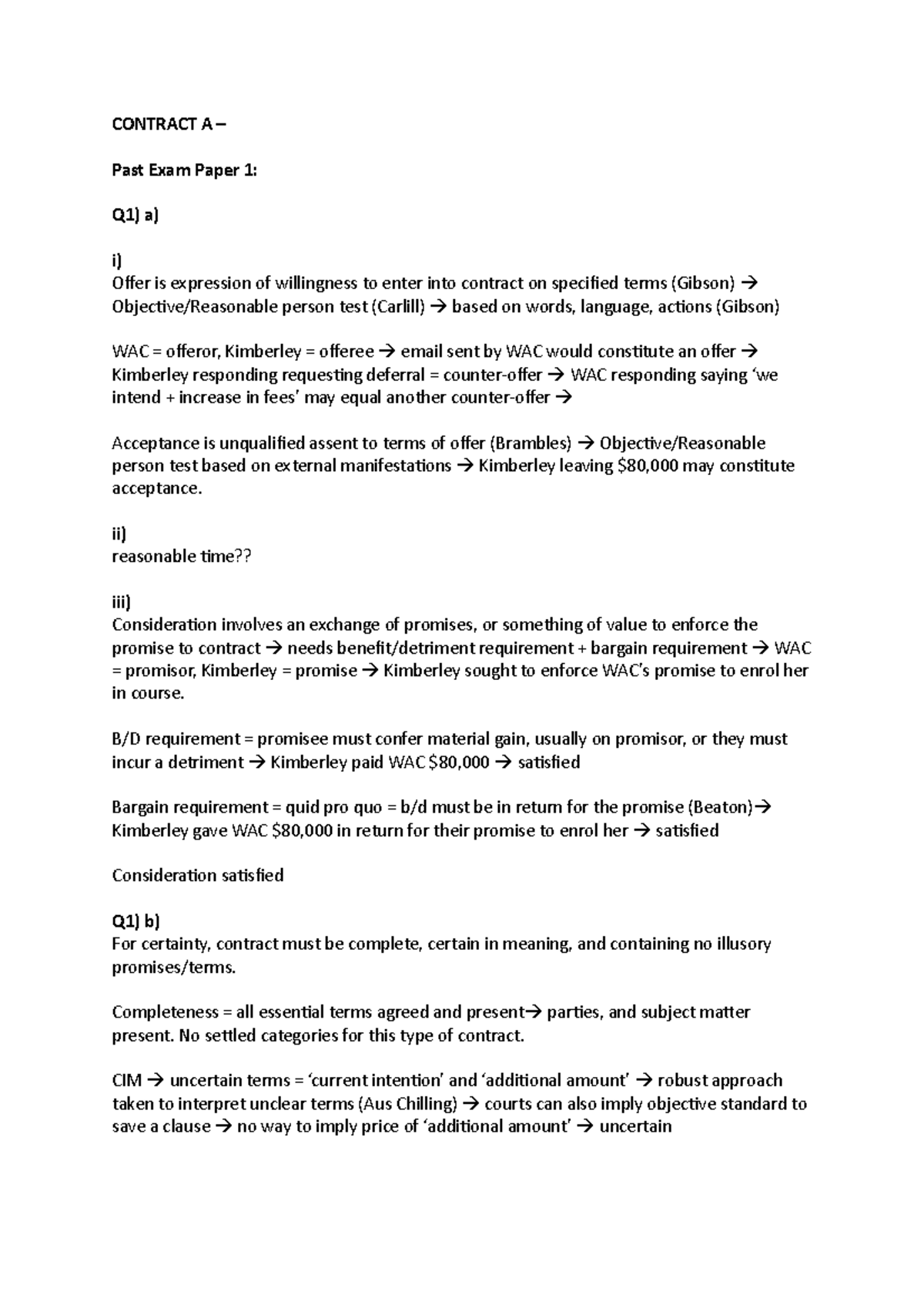 Contract A exam prep - exam practice questions - CONTRACT A – Past Exam ...