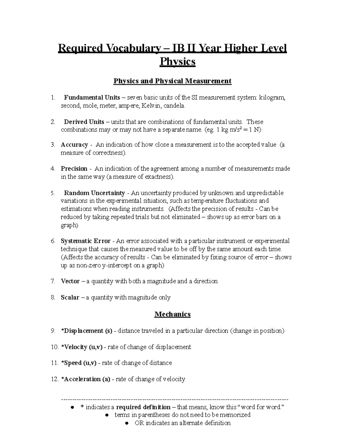 Ib physics definitions - Required Vocabulary – IB II Year Higher Level ...