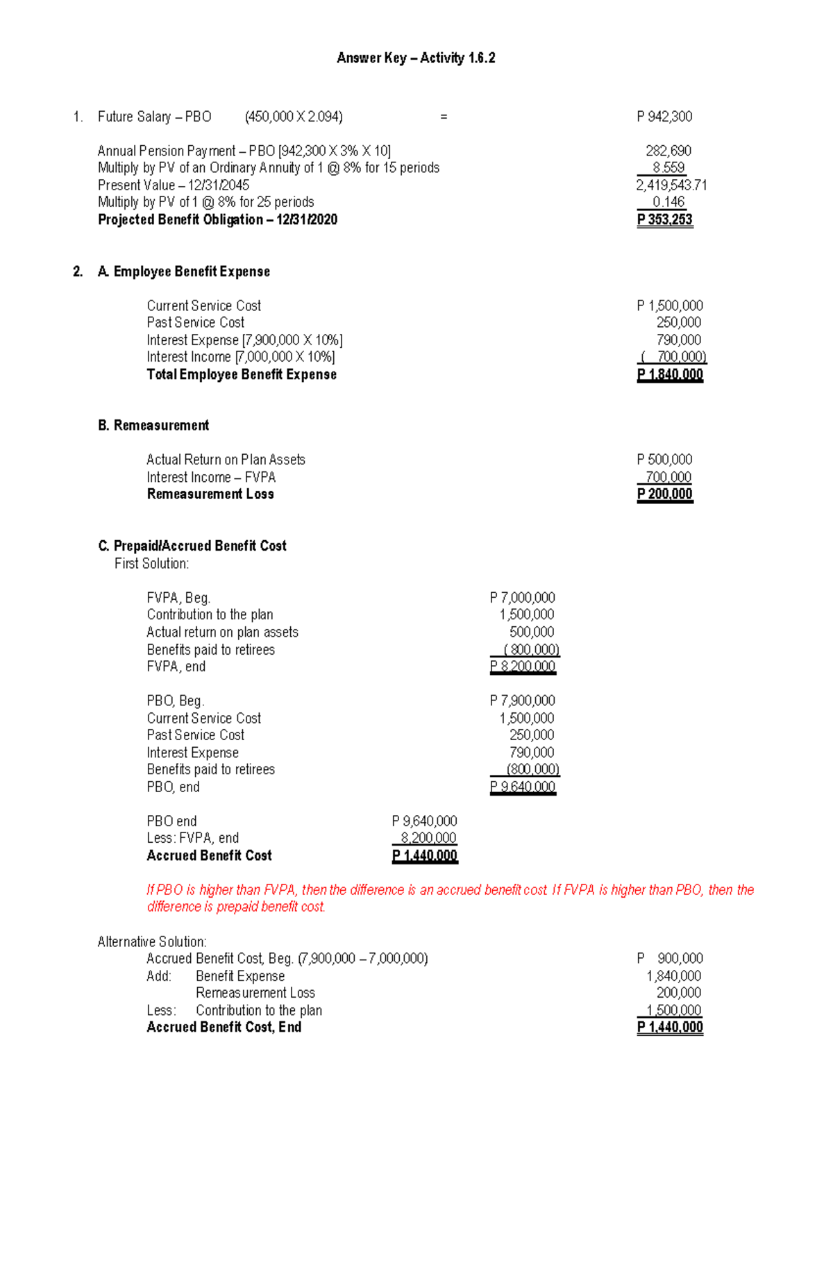 Answer Key - Act 1 - 2. A. Employee Benefit Expense Current Service ...