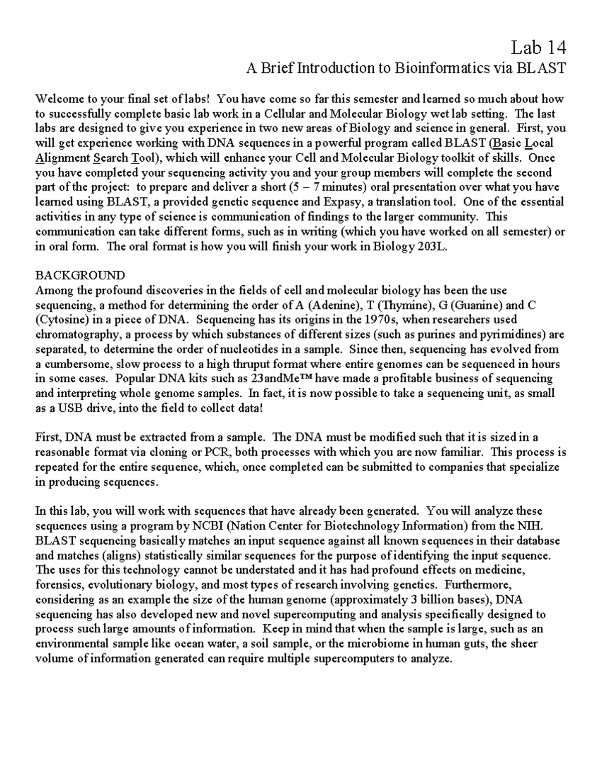 Lab 14 Bioinformatics Handout - Lab 14 A Brief Introduction to ...