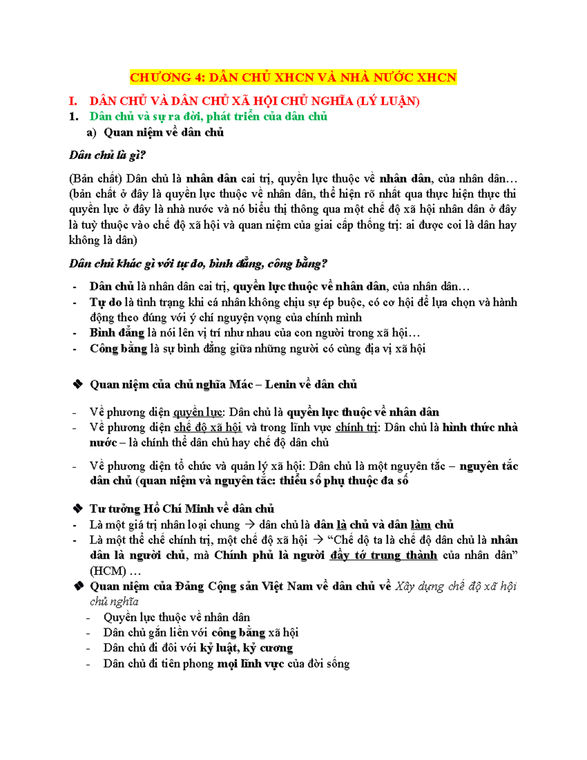 CHƯƠNG 4 CNXHKH - CHƯƠNG 4: DÂN CHỦ XHCN VÀ NHÀ NƯỚC XHCN I. DÂN CHỦ VÀ ...