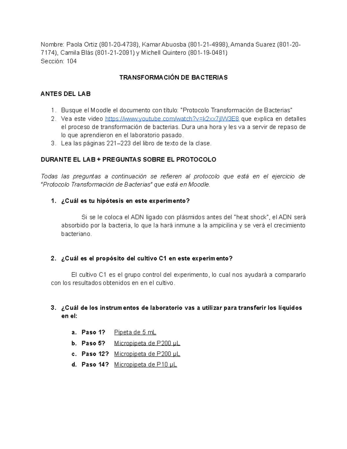 Lab-Biol 1-Transformación - Nombre: Paola Ortiz (801-20-4738), Kamar ...