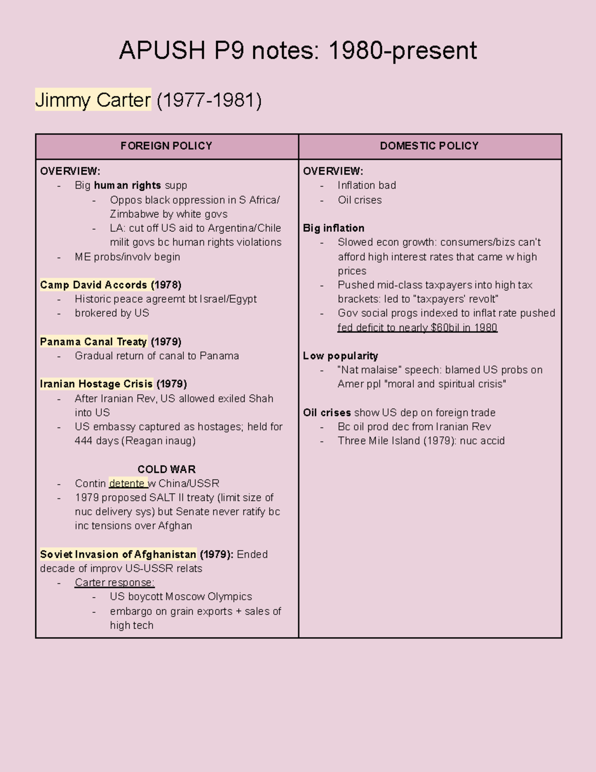Copy of P9 notes - APUSH P9 notes: 1980-present Jimmy Carter (1977-1981 ...