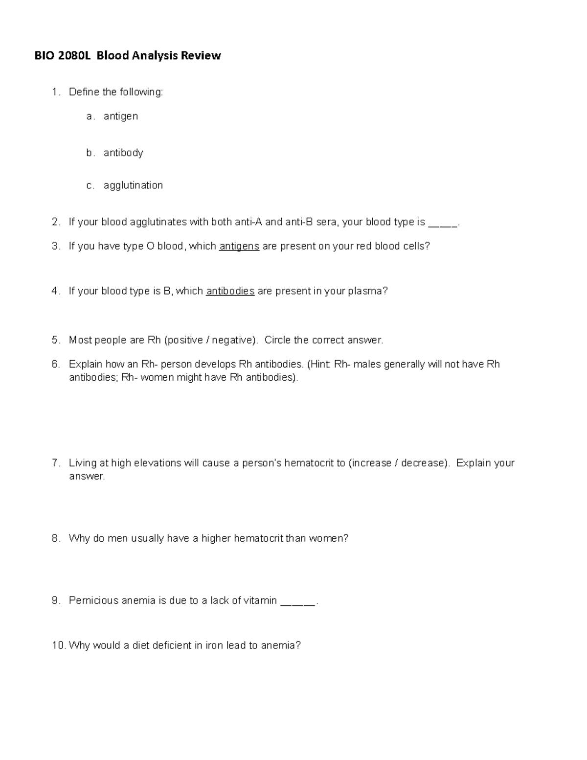 BIO 2080L Blood Analysis Review - Copy - BIO 2080L Blood Analysis ...