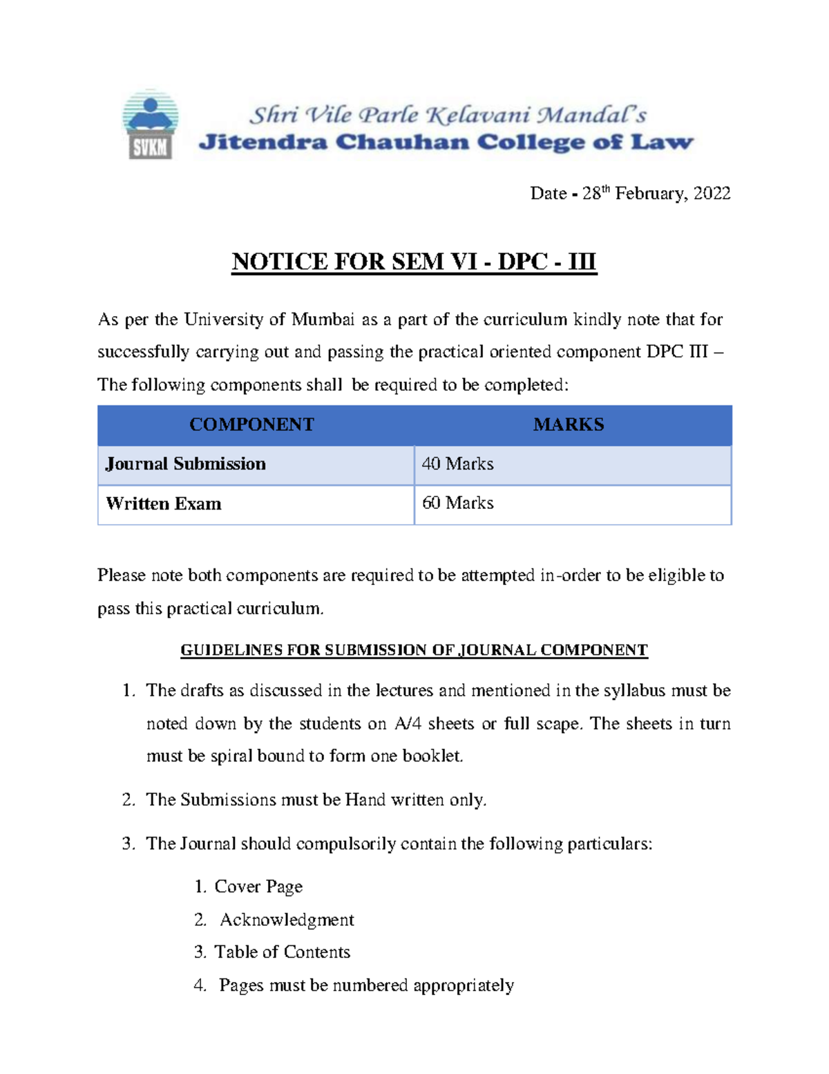CDoc DPC Notice Sem VI Updated - Date - 28 th February, 2022 NOTICE FOR ...