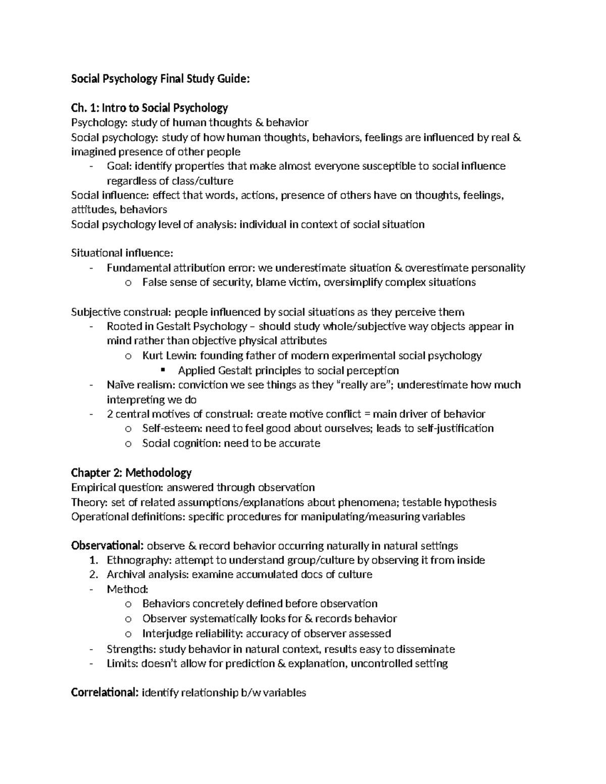 Study Guide 1 - Professor Beekman - Social Psychology Final Study Guide ...