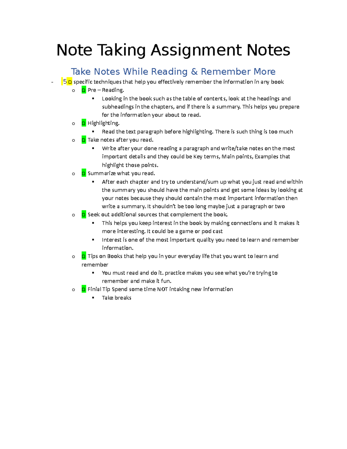 Note Taking Assignment Notes - Looking in the book such as the table of ...