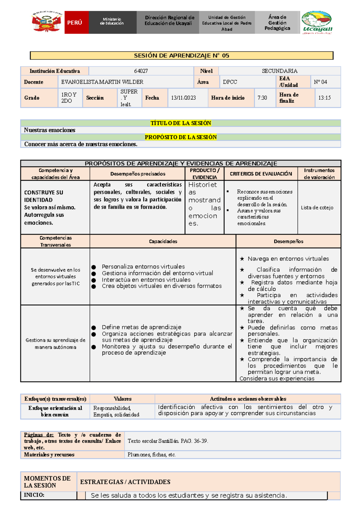 Sesion 05 DPCC IV - DESARROLLO PERSONAL Y ETICA - PERÚ Dirección Regional de Educación de ...