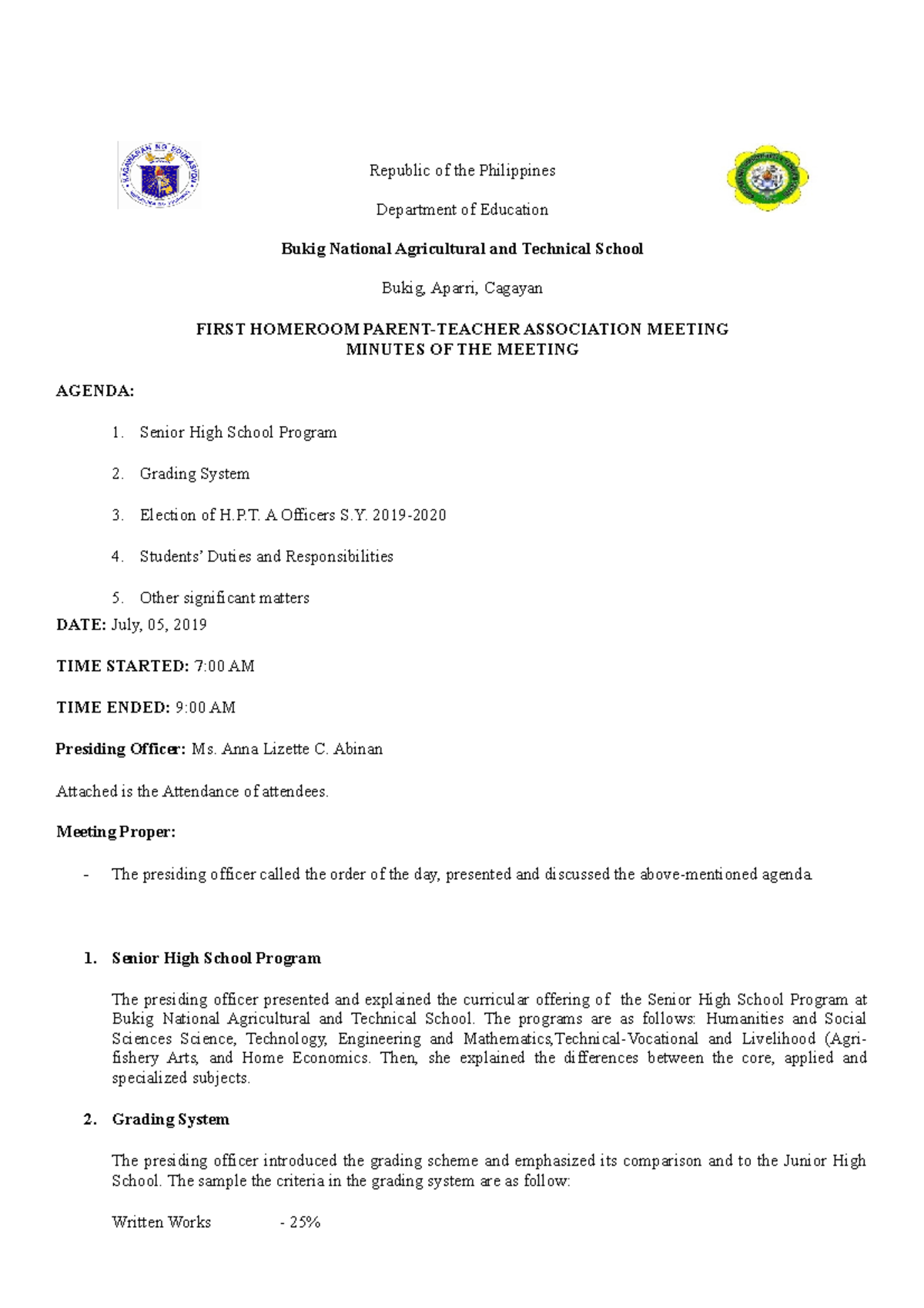SY 2018 2019 2019 2020 Minutes of the Meeting Template - Republic of ...
