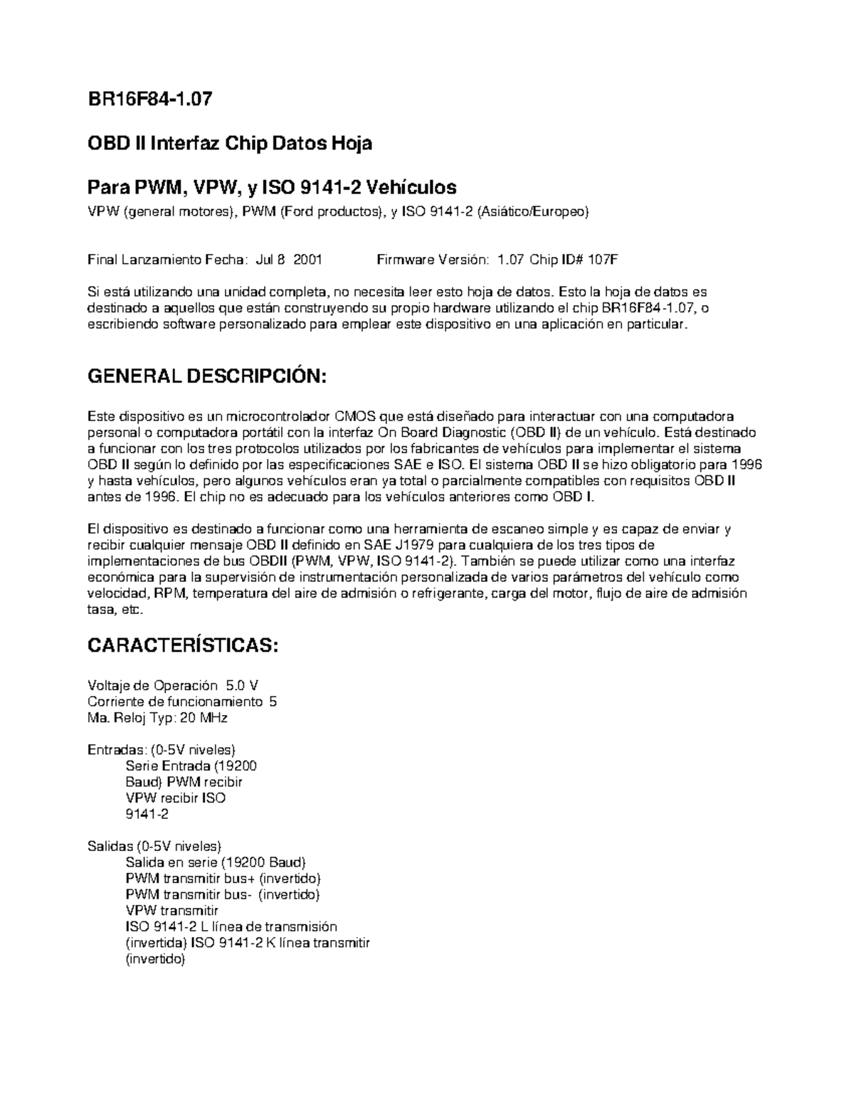 OBD II interface chip data sheet español - BR16F84-1. OBD II Interfaz ...