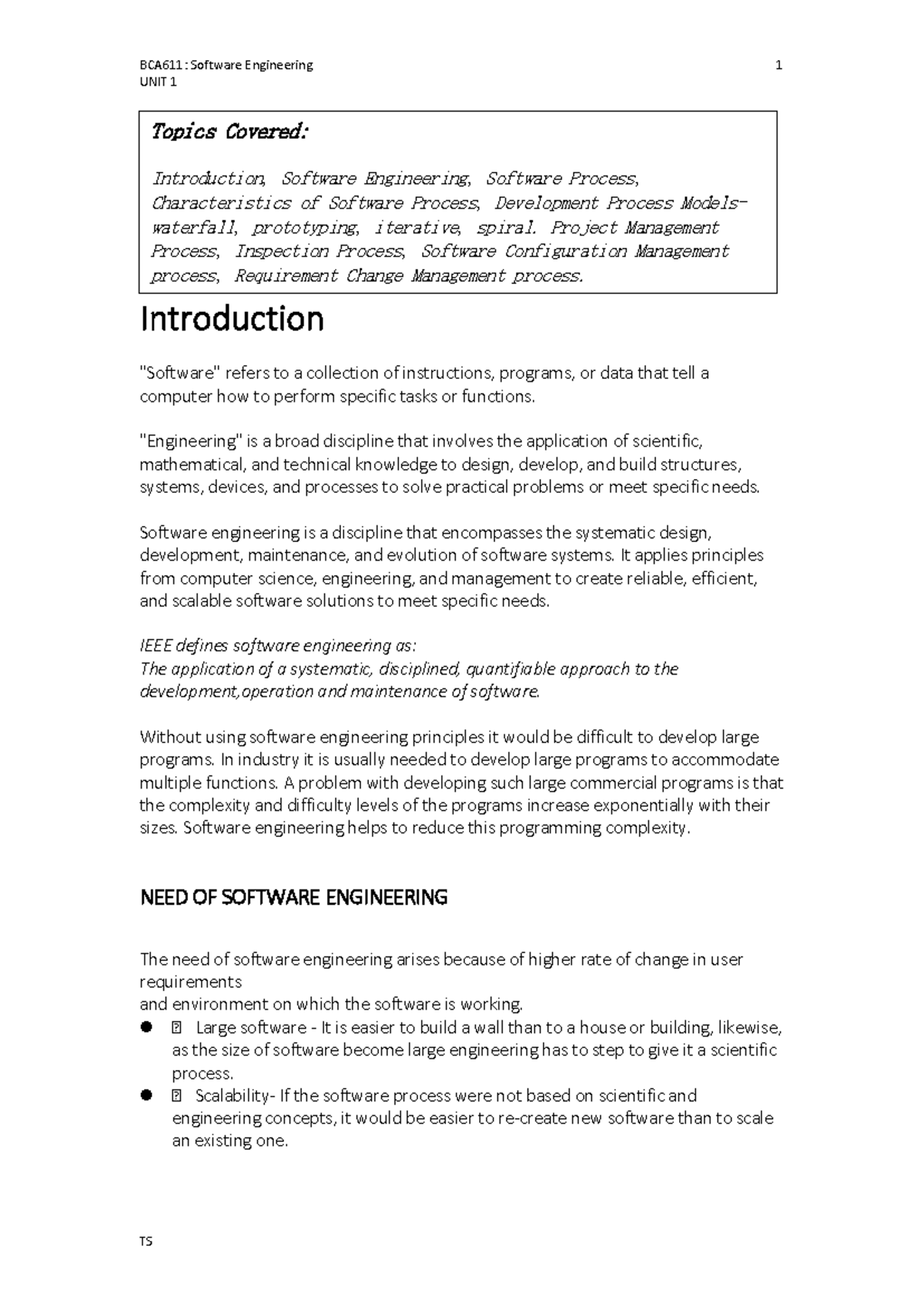 Software-Engineering-UNIT1 - UNIT 1 Introduction "Software" refers to a collection of - Studocu