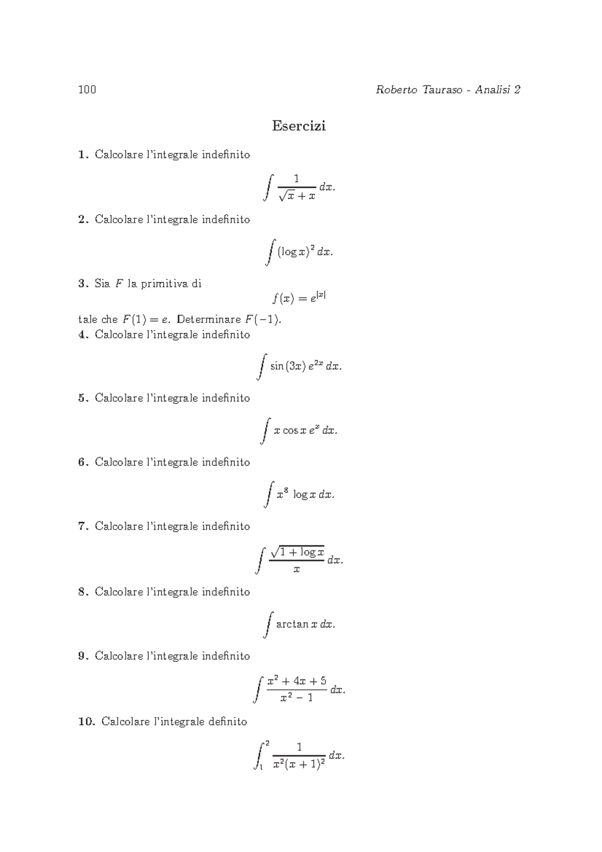 Esercizi - Calcolo integrale - Testo - 100 Roberto Tauraso Analisi 2 ...