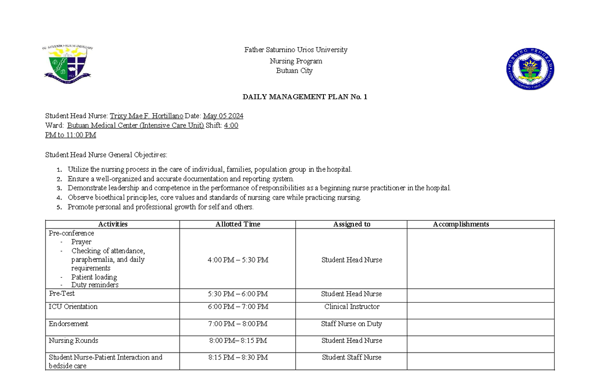 SHN Daily Plan 1 - Father Saturnino Urios University Nursing Program ...