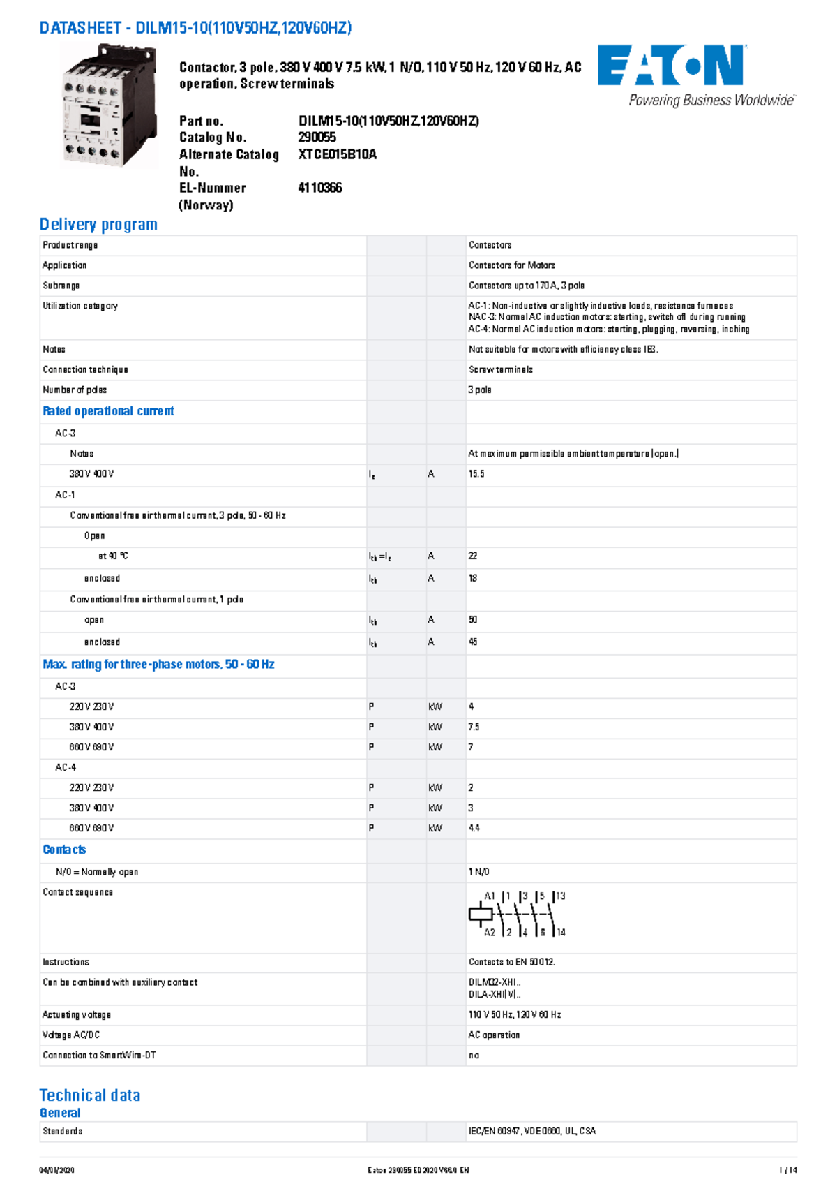 Eaton 290055 DILM15 10110 V50HZ120V60HZ - DATASHEET - DILM15-10 ...