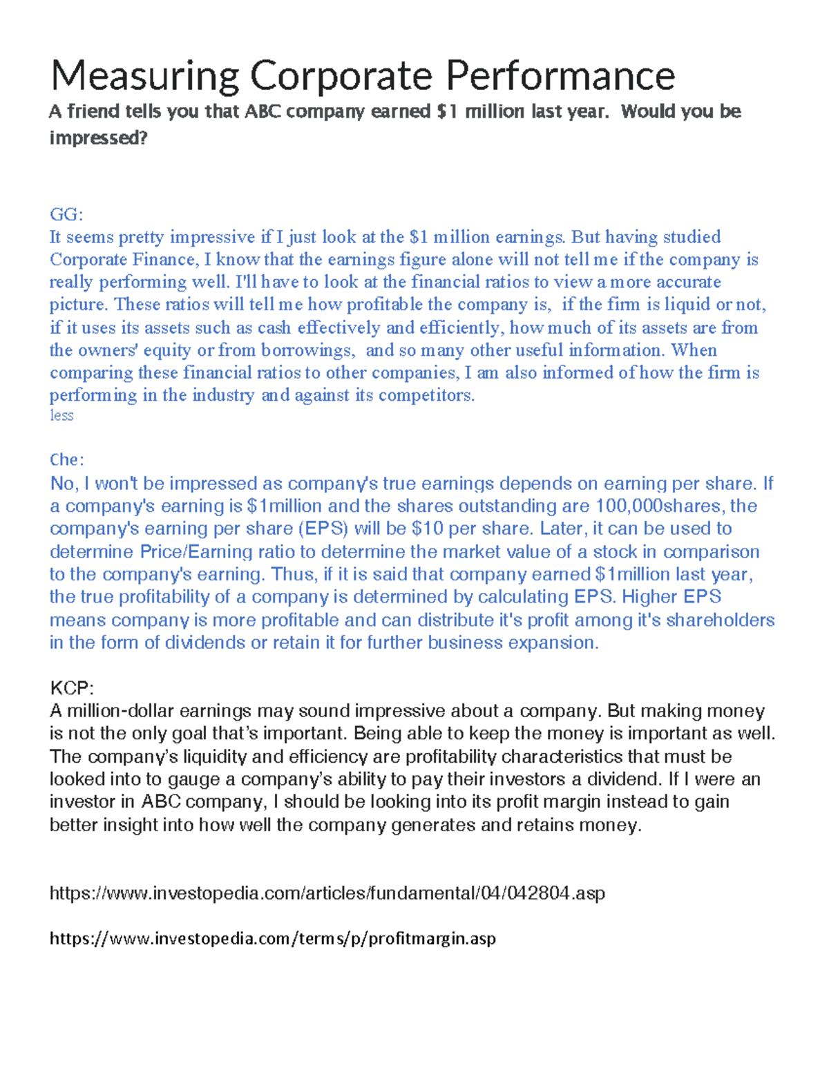 ACCT 702 Discussion on Measuring Corporate Performance - Measuring ...