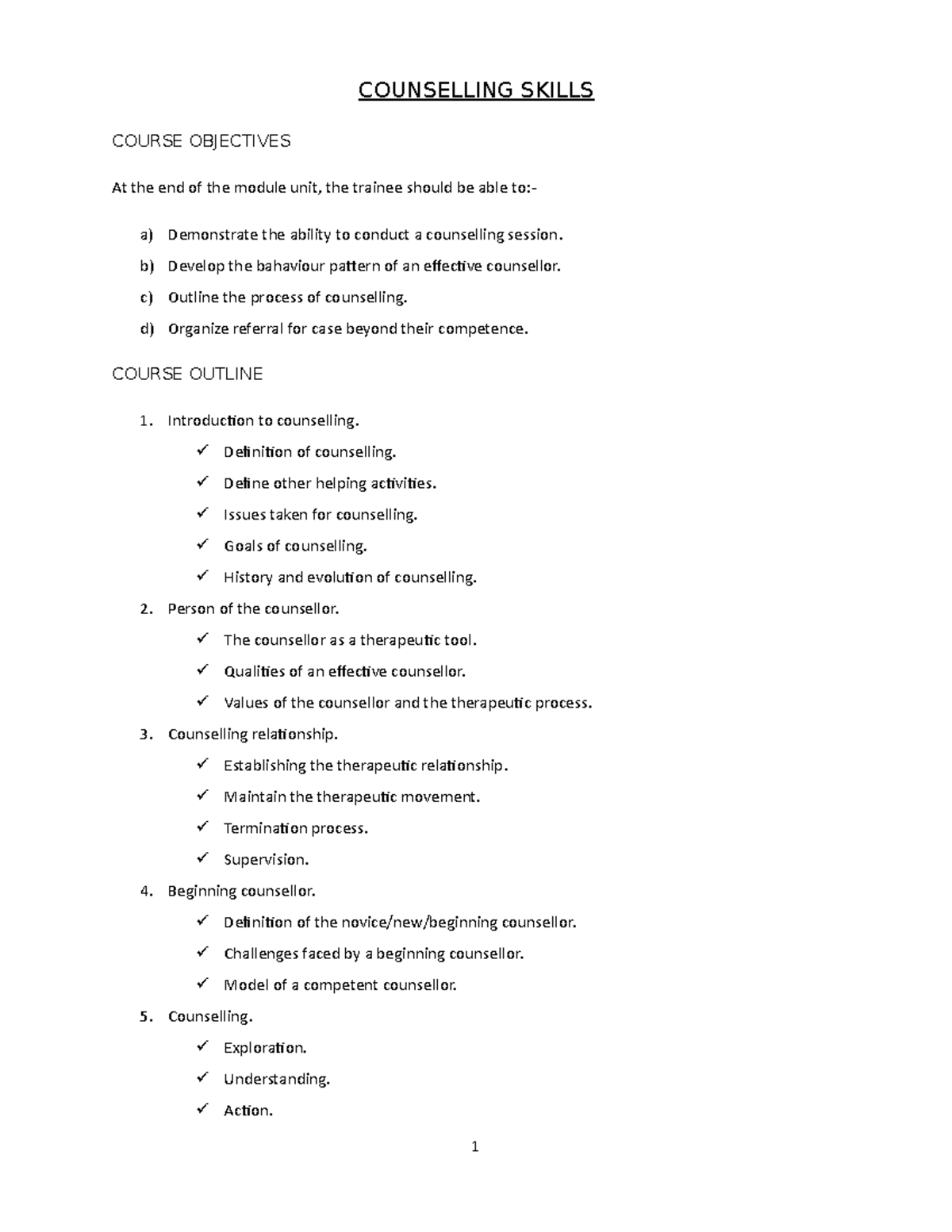 Counselling Skills Module - COUNSELLING SKILLS COURSE OBJECTIVES At the ...