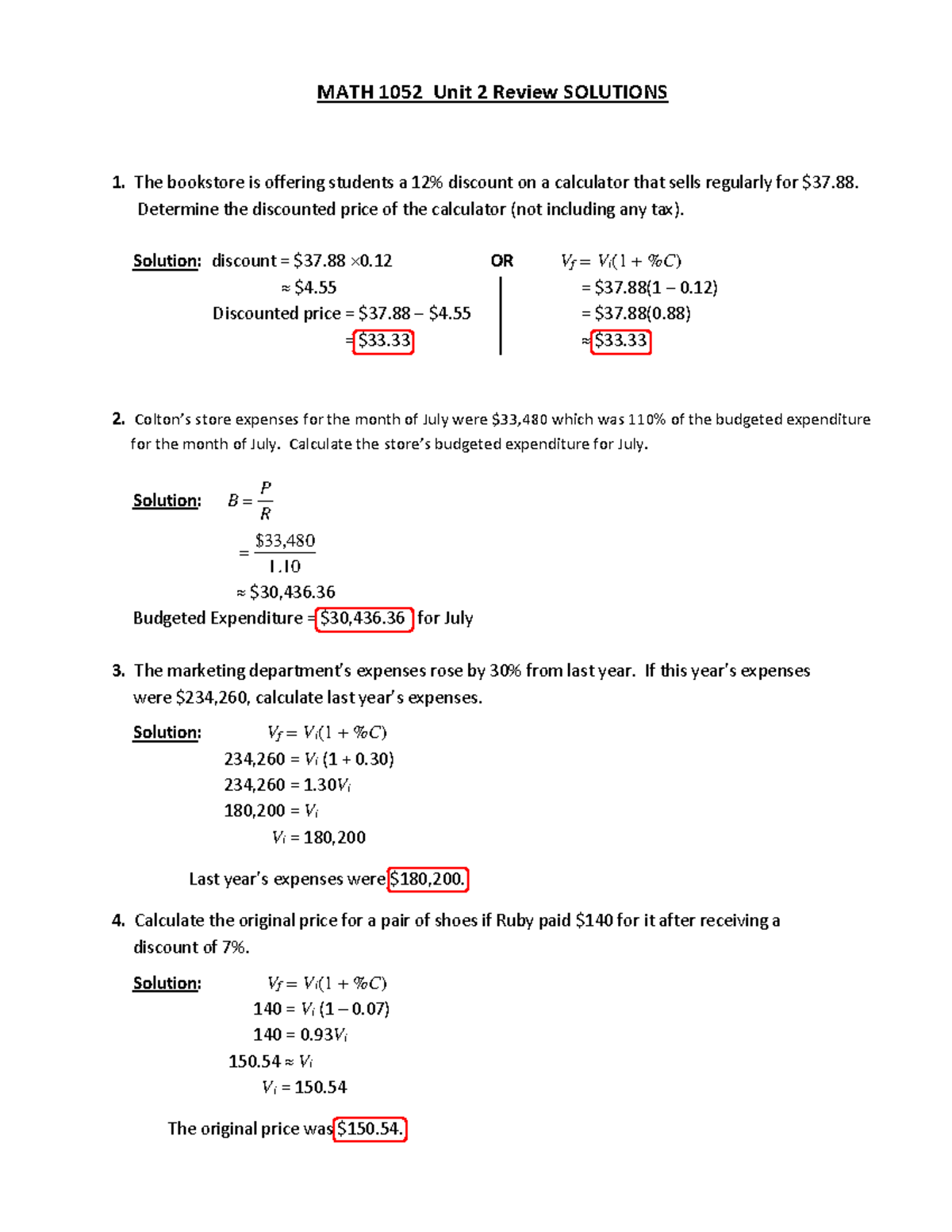 Unit 2 Review Solutions - MATH 1052 Unit 2 Review SOLUTIONS The ...