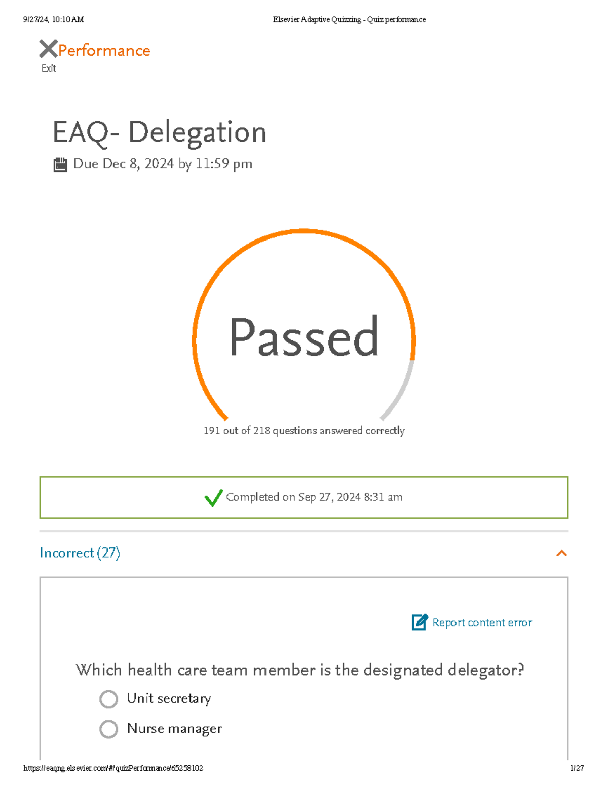 Elsevier Adaptive Quizzing - Quiz performance - ####### Exit Performance EAQ- Delegation Due Dec ...