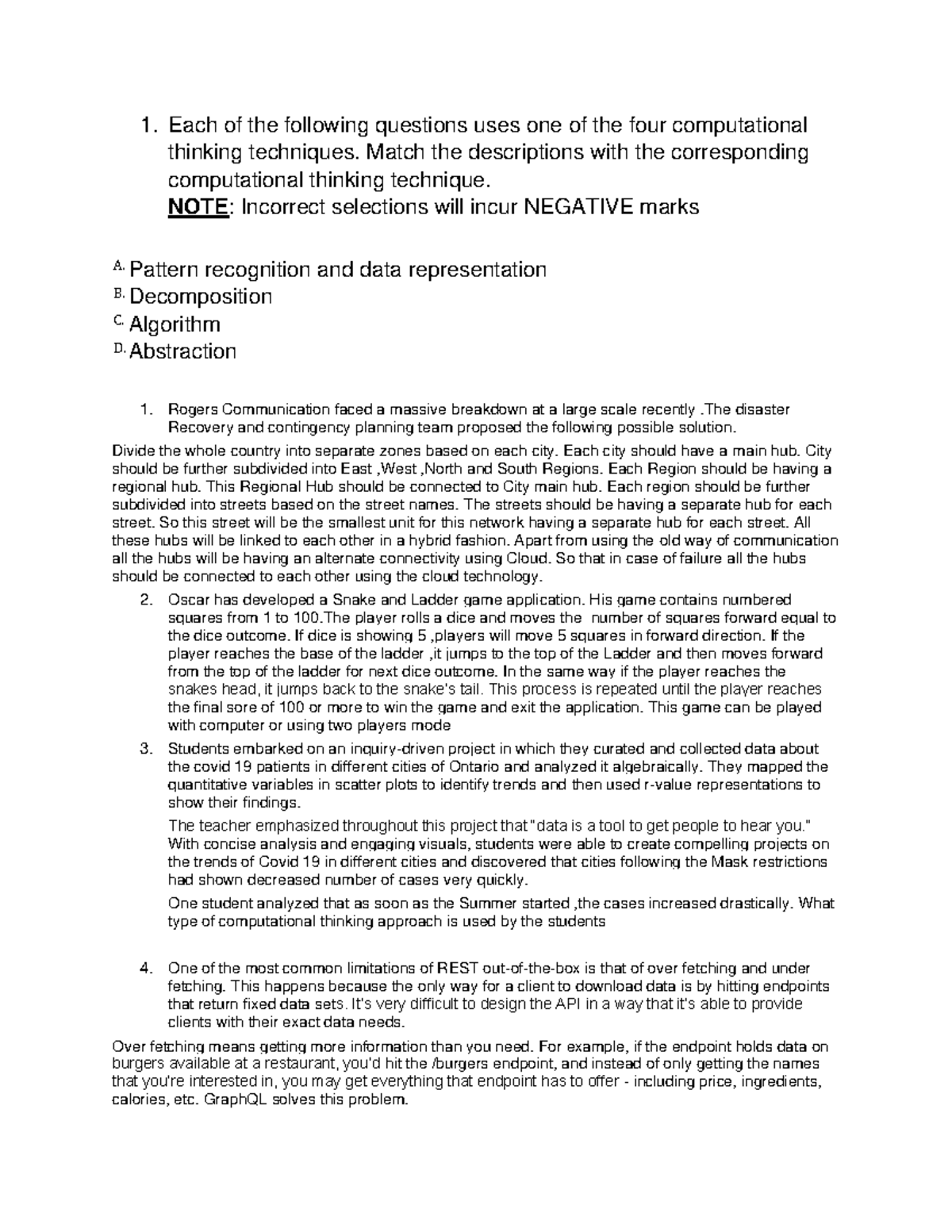 Each of the following questions uses one of the four computational ...