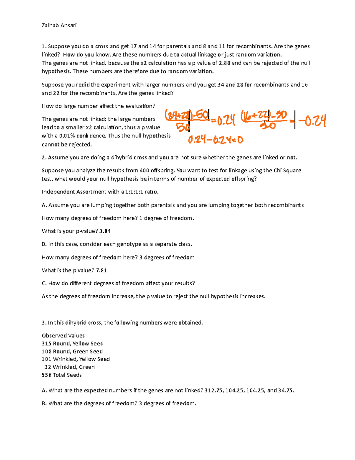 F2020 Genetics worksheet 8 Chi Square - Zainab Ansari Suppose you do a ...