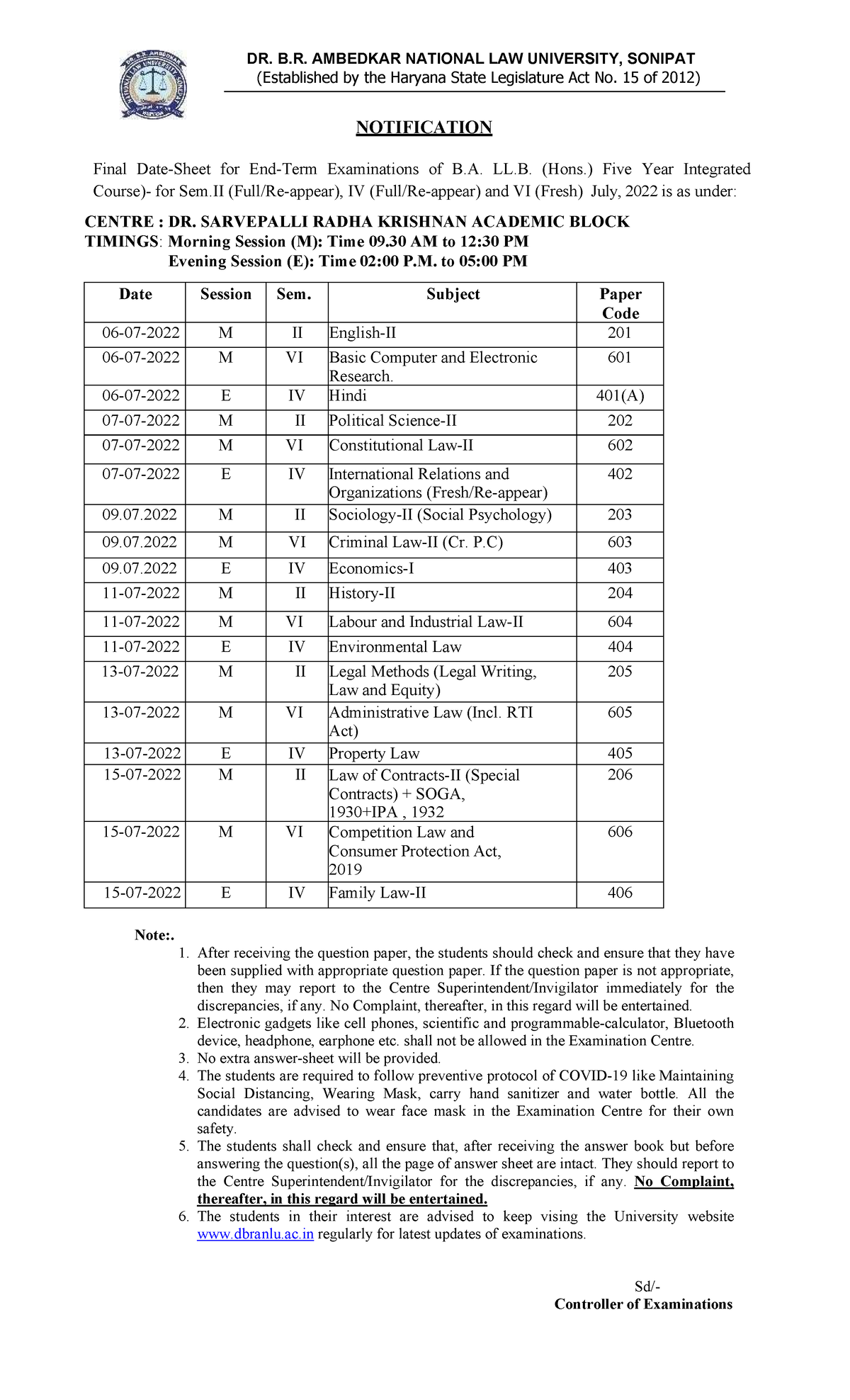 Date Sheet For End Term - DR. B. AMBEDKAR NATIONAL LAW UNIVERSITY ...