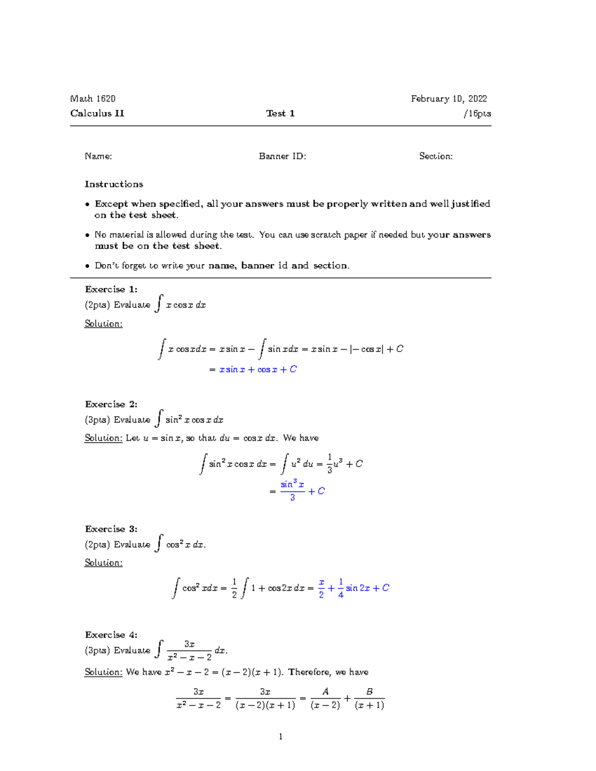 Test 1 - solutions - Dr. Mucoyo Karemara Test Example - Math 1620 ...
