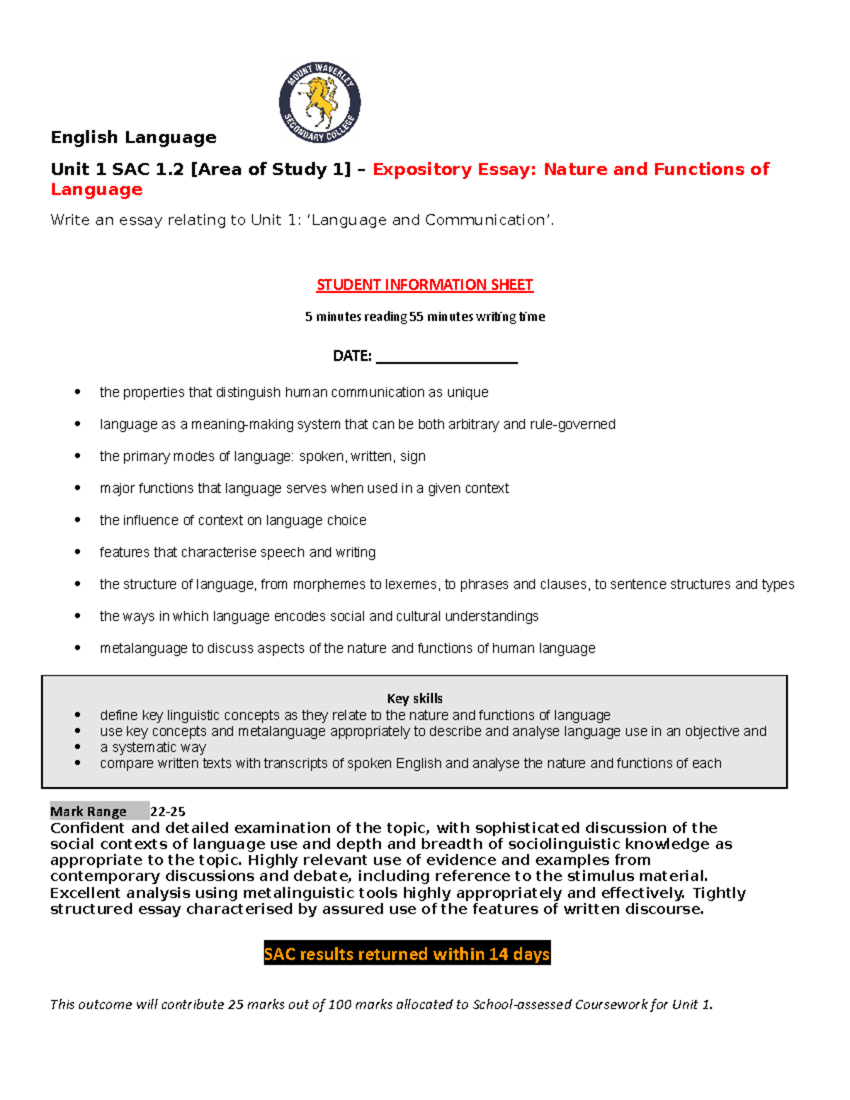 Y11 Elang U1 O1.2 Essay Functions Info - English Language Unit 1 SAC 1 ...