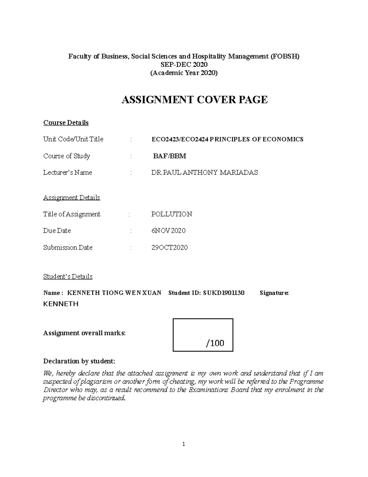 Assignment complete introduction check - Faculty of Business, Social ...