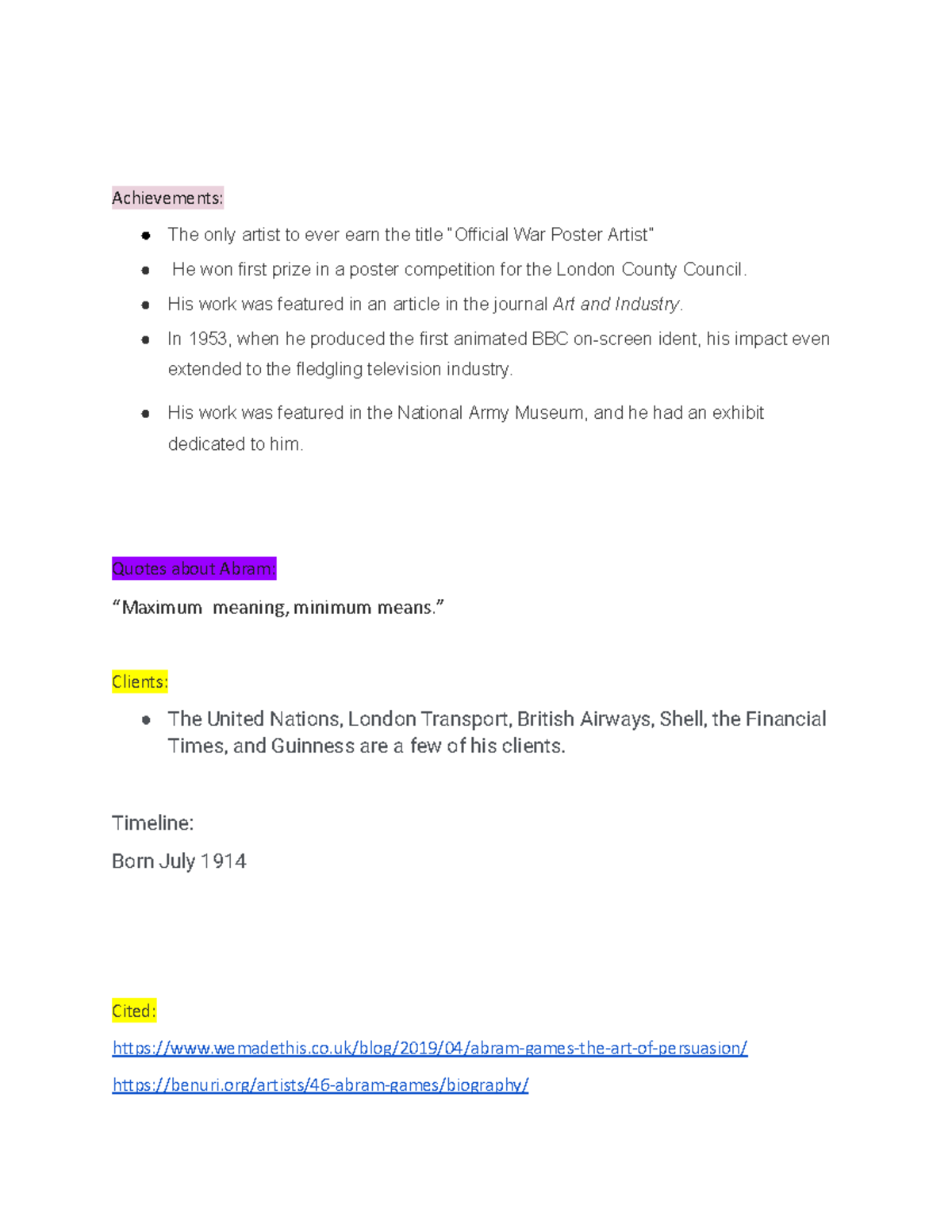 Abram Games - Google Docs 1 - Achievements: The only artist to ever ...